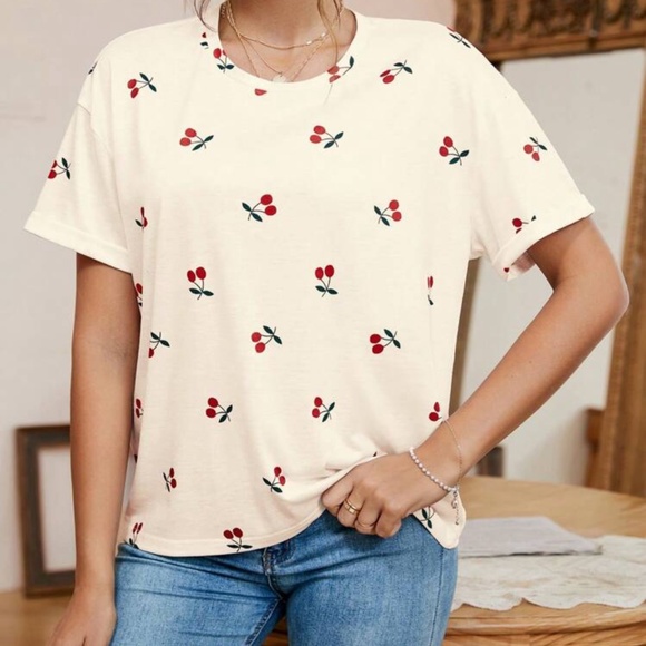 Tops | Cherry Print Cream Womens Top | Poshmark